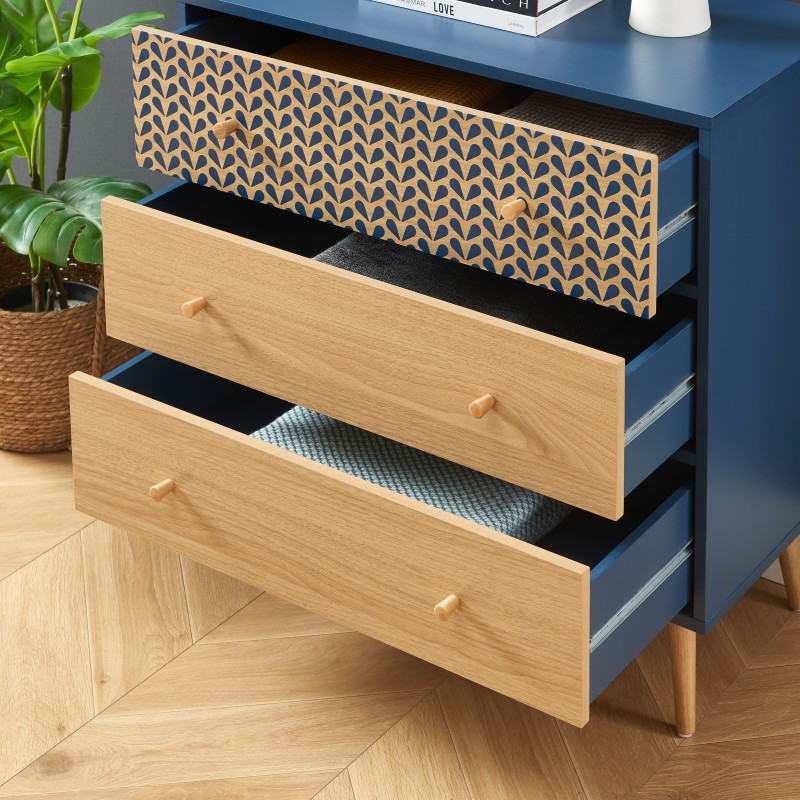 Commode CAPUCINE bleu pétrole et effet chêne 3 tiroirs 78cm