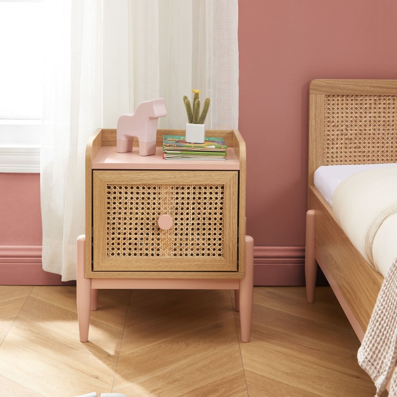 Table de chevet enfant PABLO rose et cannage rotin
