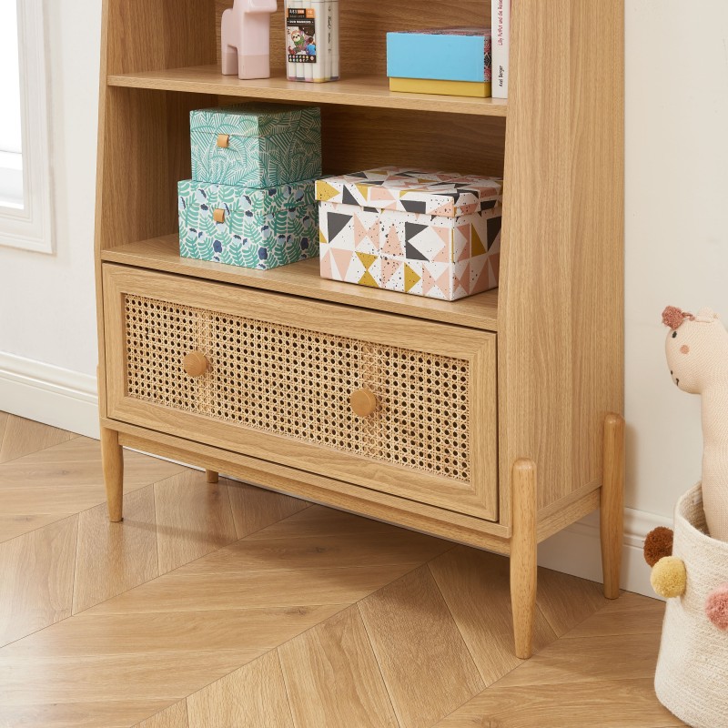 Bibliothèque PABLO cannage rotin et effet chêne 3 étagères