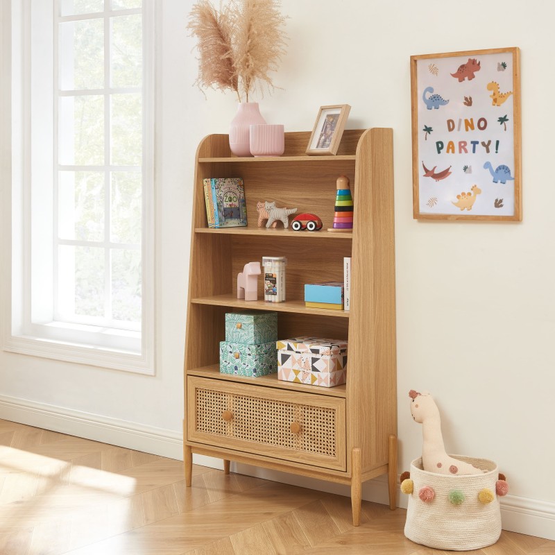 Bibliothèque PABLO cannage rotin et effet chêne 3 étagères