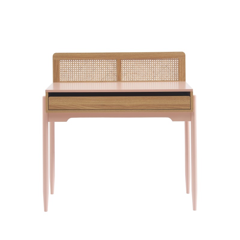Bureau PABLO rose et cannage rotin 1 tiroir