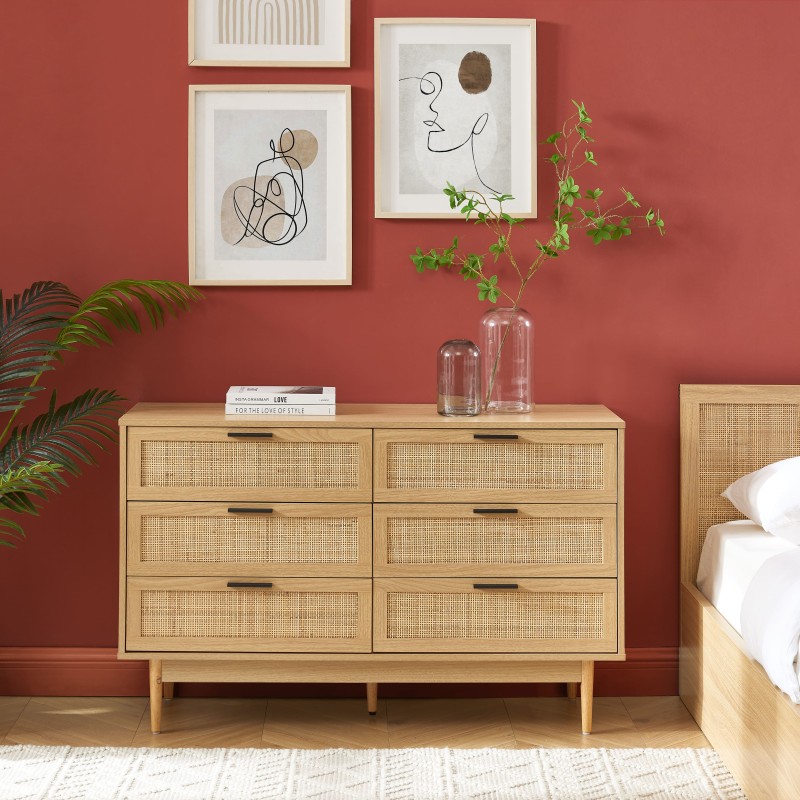 Commode AMANA 6 tiroirs effet chêne et cannage rotin 120cm