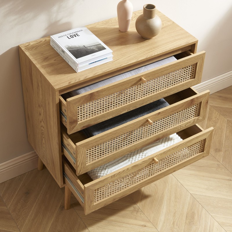 Commode INES effet chêne et cannage rotin 3 tiroirs