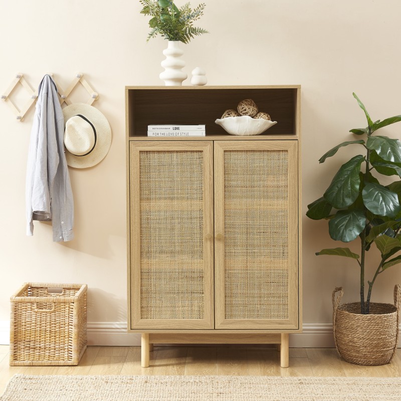 Buffet HELENA effet chêne et cannage rotin 2 portes 80 cm