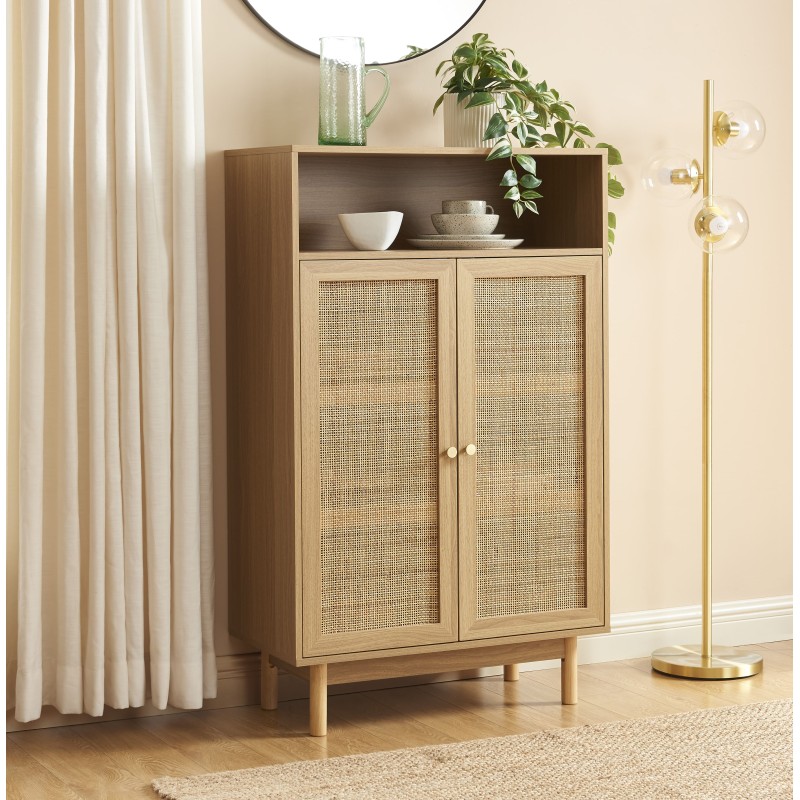 Buffet HELENA effet chêne et cannage rotin 2 portes 80 cm
