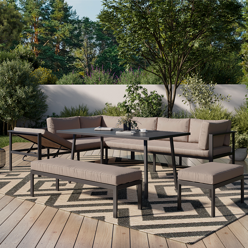 Salon de jardin DINA 8 places en aluminium gris foncé avec banquette ...