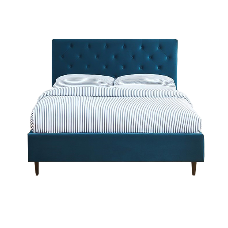 Lit double HUBERT velours bleu paon 140x190 sommier inclus